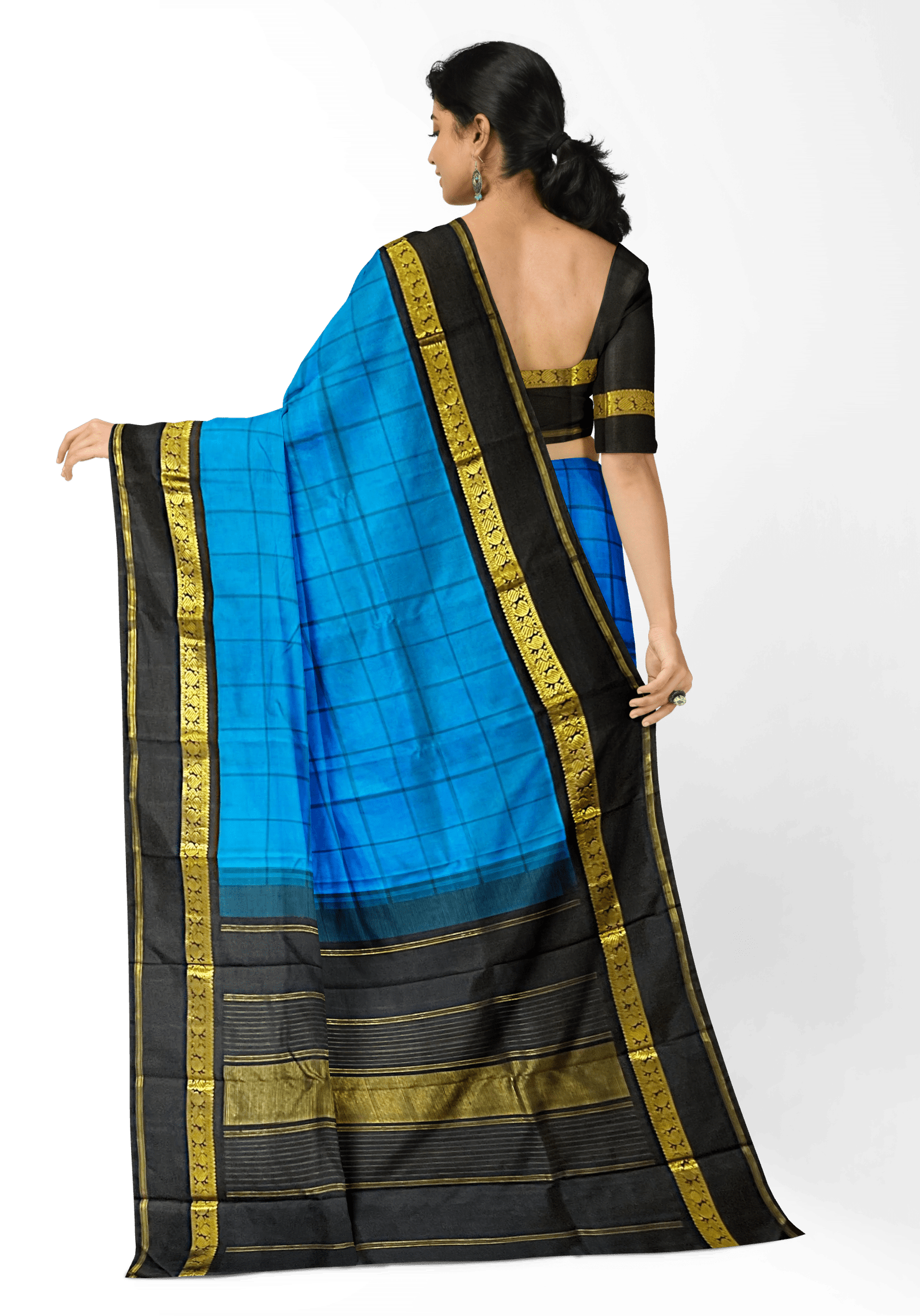 Blue Checks With Black Border Traditional Kanchipuram Pure Silk Saree